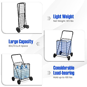 COSTWAY Folding Shopping Cart, Heavy Duty Grocery Utility Cart with Foam Wrapped Handle & Large Wheels, Versatile Rolling Cart with 22 Gal Metal Basket for Warehouse, Supermarket & Laundry