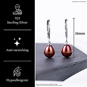 Splendid Pearls 925 Sterling Silver 8mm Genuine Pearls Freshwater Cultured Lever-back Dangling Earrings for Women (Pink)