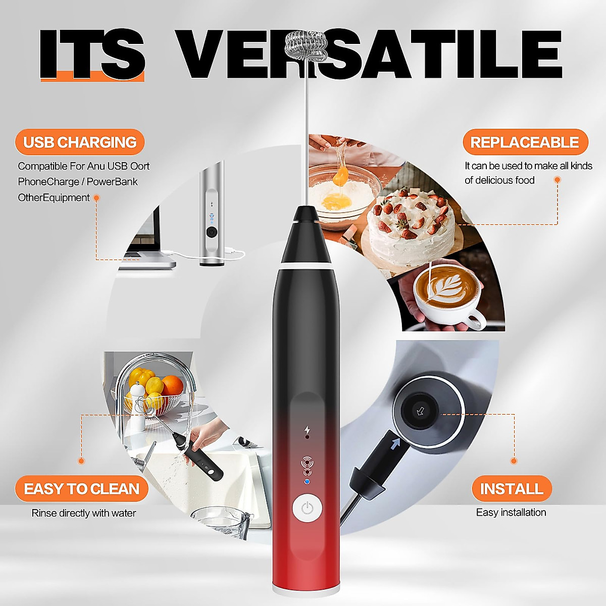 Milk Frother Rechargeable Handheld Electric Whisk Coffee Frother Mixer with 3 Stainless whisks 3 Speed Adjustable Foam Maker Blender for Coffee Matcha Latte Cappuccino Hot Chocolate（Black Red）