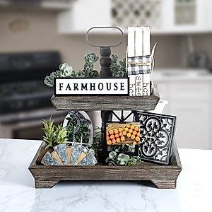 Heather & Willow Farmhouse Tiered Tray Decor Items Set of 5 | Tiered Serving Decorative Galvanized Tray | Rustic Vintage Tier Tray Decorations | Fall, Home & Living Room & Kitchen Décor