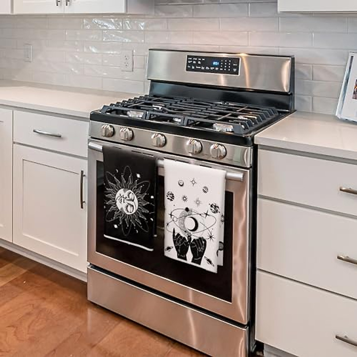 Bencailor 6 Pcs Skull Kitchen Towels Teal Turquoise Dish Hand Towels Farmhouse Cow Cat Gothic Witchy Moon Tea Washcloth for Spring Summer Kitchen Decor Home 24 x 16''(White Black,Witchy)