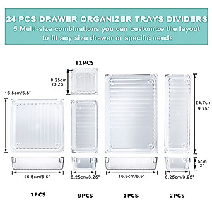 HighFree 24 Pcs Clear Desk Drawer Organizer Tray with 5-Size, Plastic Bathroom Makeup Drawer Dividers, Versatile Organizer Container Storage Bins for Kitchen,Office,Dresser & Cabinet