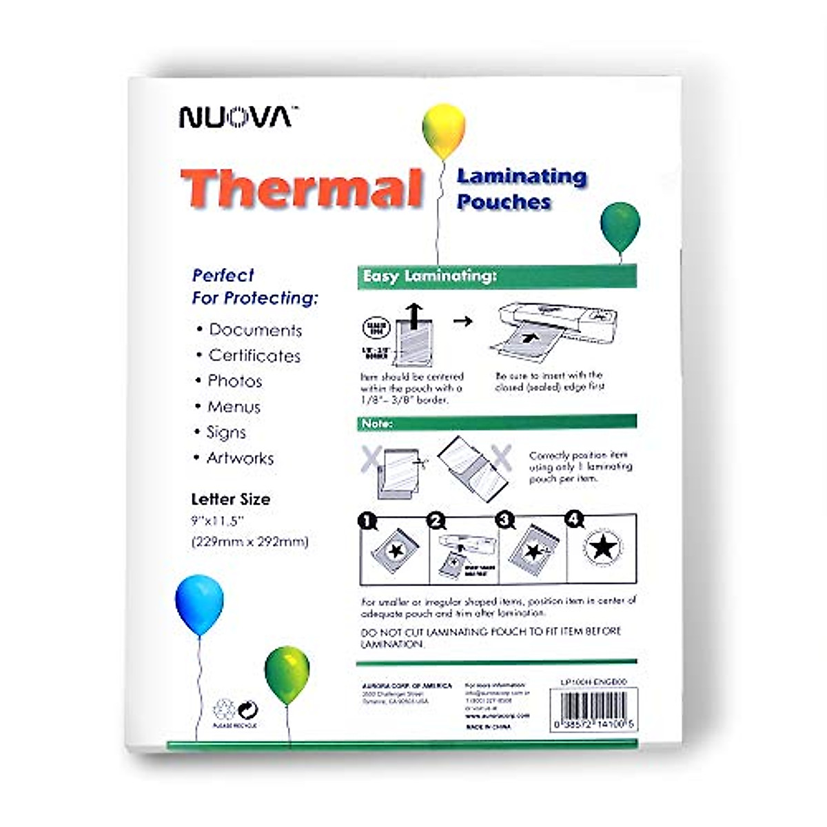 Nuova Premium Thermal Laminating Pouches 9" x 11.5", Letter Size, 3 mil, 100 Pack (LP100H)