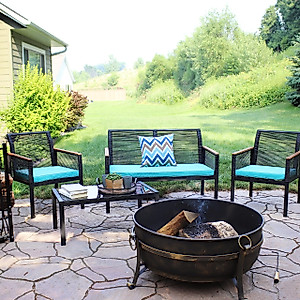 Sunnydaze Coachford 4-Piece Patio Conversation Furniture Set - 1 Loveseat, 2 Chairs and 1 Coffee Table - Thick Blue Cushions