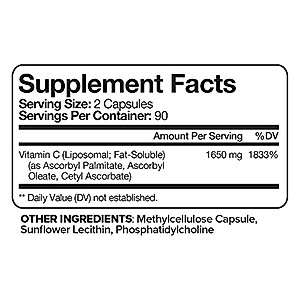 Nutrivein Liposomal Vitamin C 1650mg - 180 Capsules - High Absorption Ascorbic Acid - Supports Immune System & Collagen Booster - Powerful Antioxidant