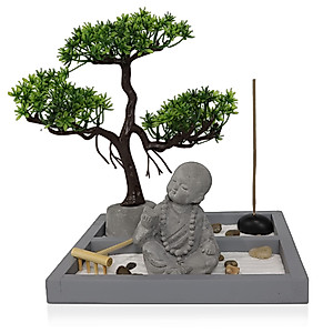 Gray Mini Japanese Zen Sand Garden Set with Incense Holder, Calming Bonsai and Miniature Buddha Statue - Zen Decor for Relaxation and Meditation - Home Decor, Office Accessory, Gift Set