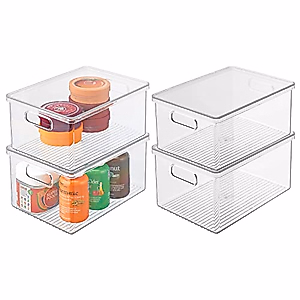 mDesign Plastic Storage Bin Box Container, Lid, Built-in Handles, Organization for Makeup, Hair Styling Tools, Accessories in Bathroom Cabinet, Cupboard Shelves, Ligne Collection, 4 Pack, Clear/Clear