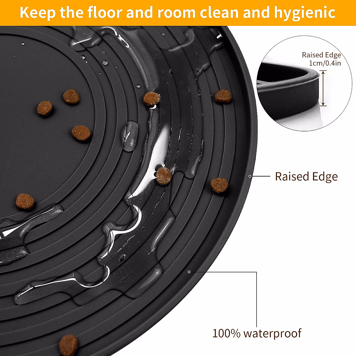 Ptlom Silicone Pet Feeding Mat for Dogs and Cats Placemat 2 Pack, Non-Slip Waterproof Dog Bowl Mats for Food and Water, Small Medium Pets Puppy Tray Mat Prevent Residues Spill to The Floor, Black