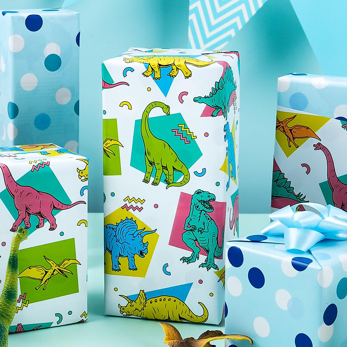 MAYPLUSS Wrapping Paper Sheet - Folded Flat - 3 Large sheets - Green Dinosaurt Design(22.6 sq.ft.ttl) - 27.5 inch X 39.4 inch Per Sheet