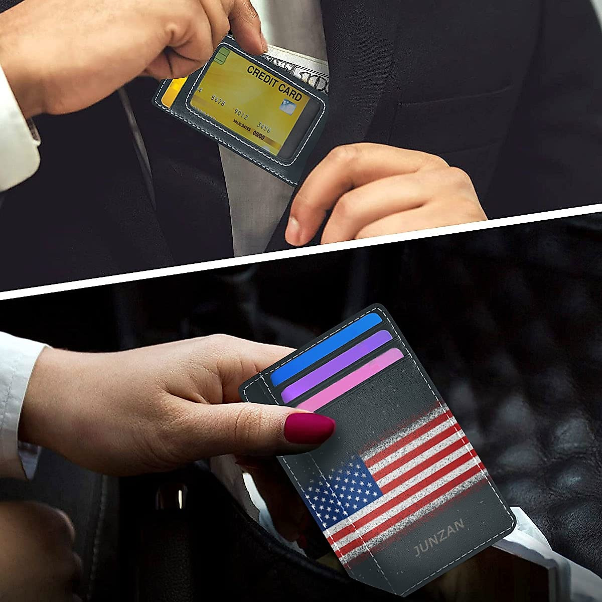 JUNZAN Slim Wallet US Flag Minimalist Wallets for Men Women Leather RFID Blocking Front Pocket Card Holder