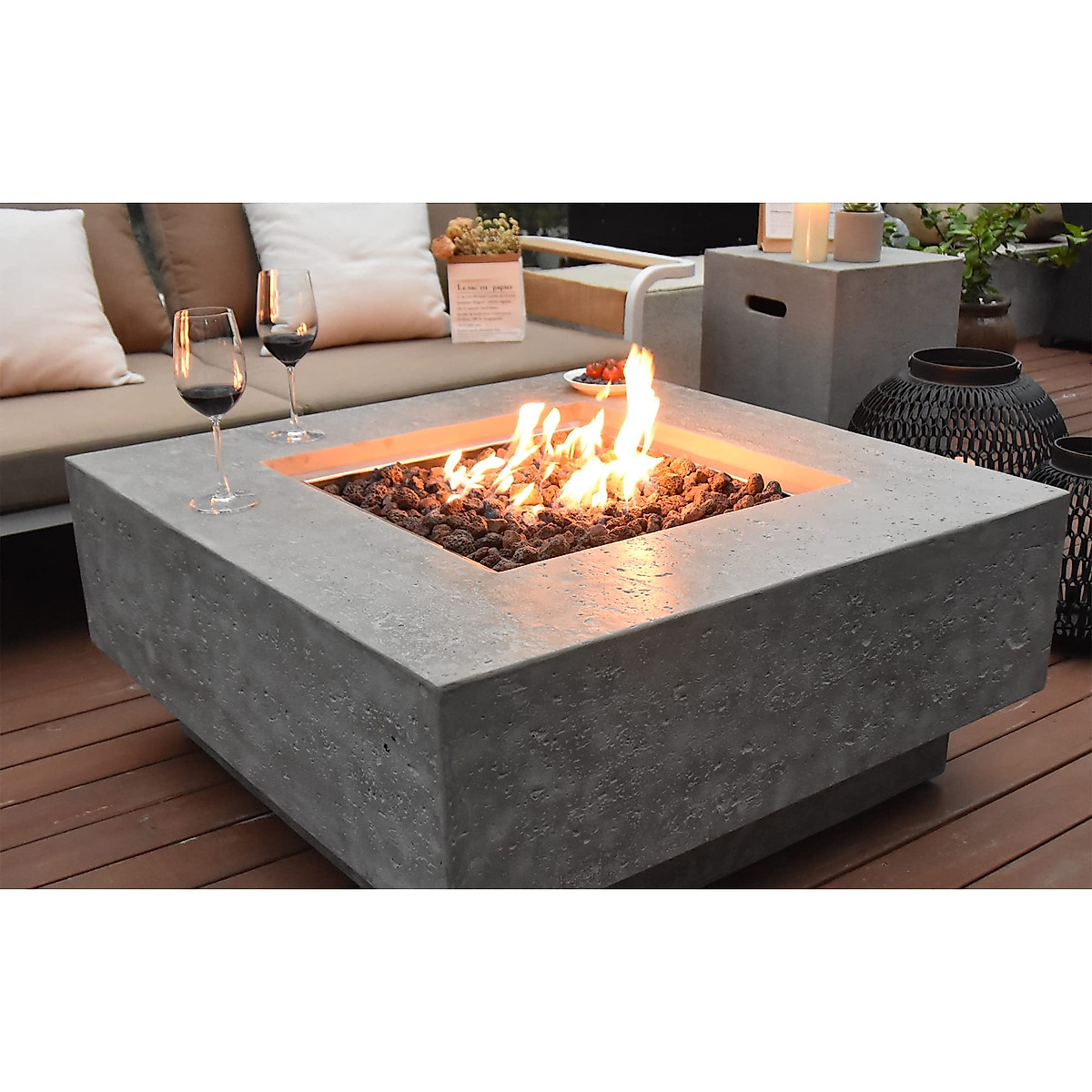 Elementi Manhattan Outdoor Gas Firepit Table 36 Inches Natural Gas Fire Pit Patio Heater Concrete High Floor Clearance Firepits Outside Electronic Ignition Backyard Fireplace Cover Lava Rock Included