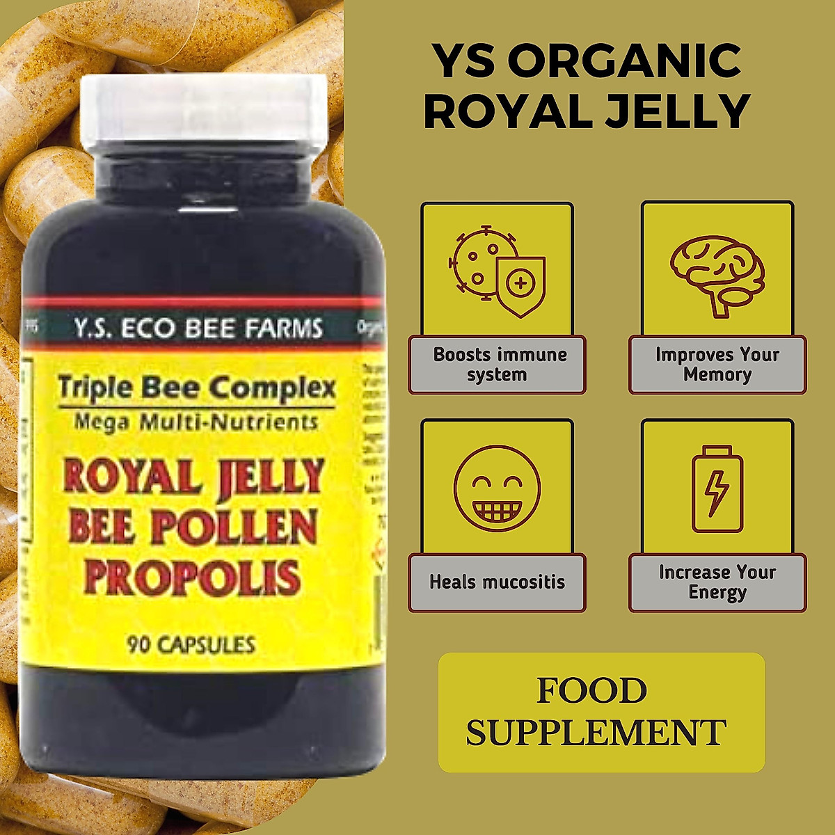 YS Organics Triple Bee Complex, Royal Jelly, Bee Pollen, Propolis - The Power of Nature Packed in 90 Capsules with Bonus worldwidenutrition Multi Purpose Key Chain