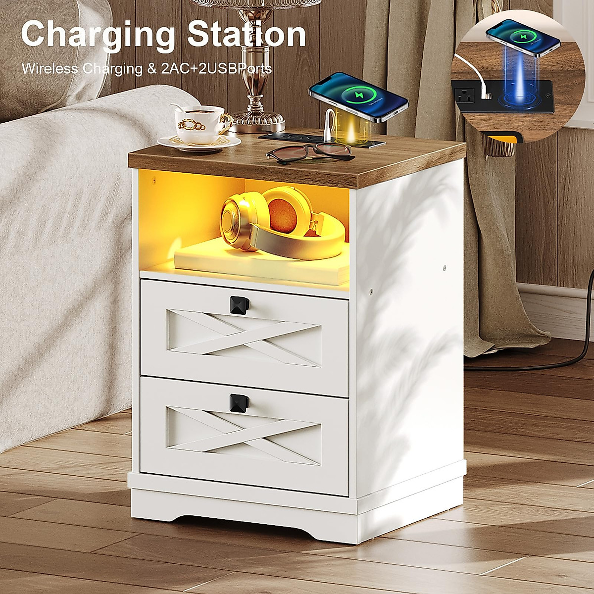 HOOBRO Nightstand with Wireless Charging Station and LED Lights, Farmhouse End Table with 2 Drawers and Open Shelf, Smart LED Side Table with Wireless and USB for Bedroom, Antique White WH140UDBZ01