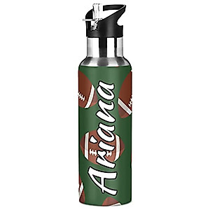 RunningBear Custom Brown American Football Water Bottle with Straw Lid Personalized 20oz Insulated Sports Water Bottle Customized Leakproof Water Jug for Working Outdoor