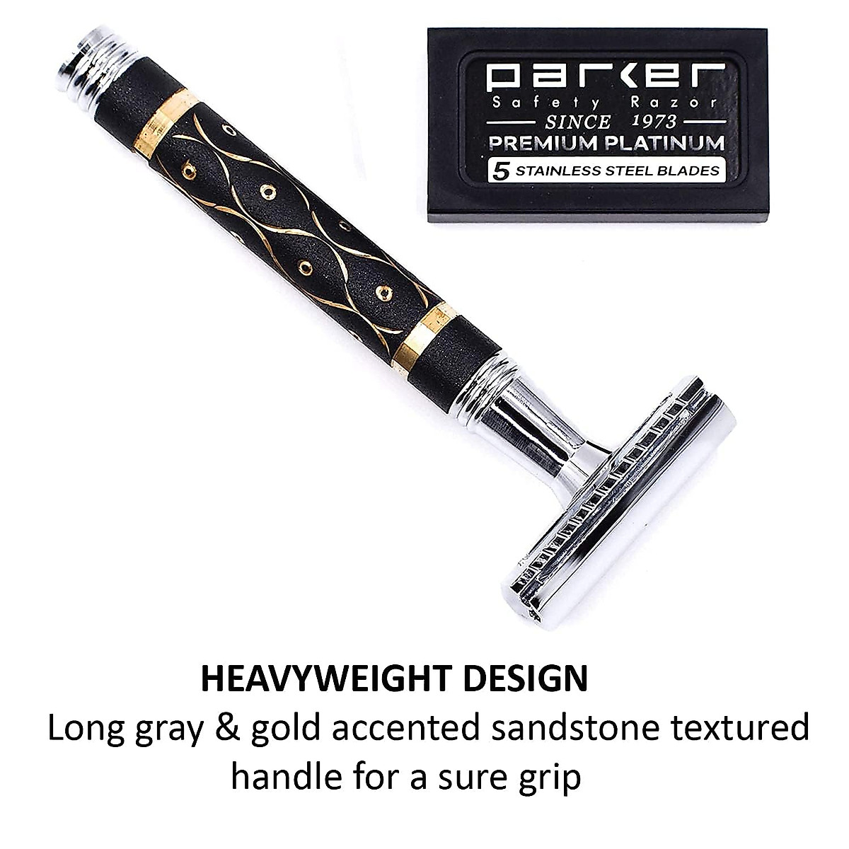 Parker, 65R Super Heavyweight Gray and Gold Double Edge Safety Razor & 5 Parker Blade Refills