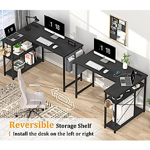 Mr IRONSTONE L Shaped Desk with Outlets & USB Ports, Reversible 47 Inch Office Desk, Corner Desk for Small Space, Home Office Desk with Storage Bag & Hook, Black