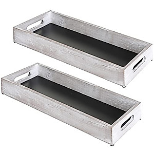 MyGift Rustic Gray Decorative Tray with Chalkboard Base Surface, Serving Tray with Cutout Handles, 16 x 6 Inch, Set of 2
