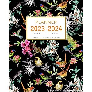 Planner July 2023-2024 June: 8x10 Large Notebook Organizer with Hourly Time Slots | Summer Flower Exotic Bird Design Black