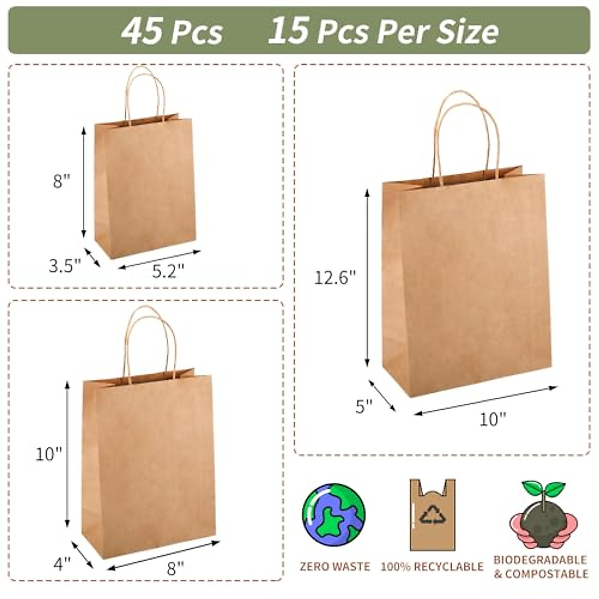 TOMNK 45pc Kraft Paper Gift Bags with Handles - 8/10/12.6 Inch (3 Sizes, 15pc Each) for Business & Party Use