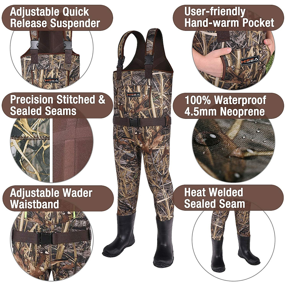 HISEA Kids Chest Waders for Toddler & Children Neoprene Youth Duck Hunting Waders for Kids Boys Girls with Insulated Boots