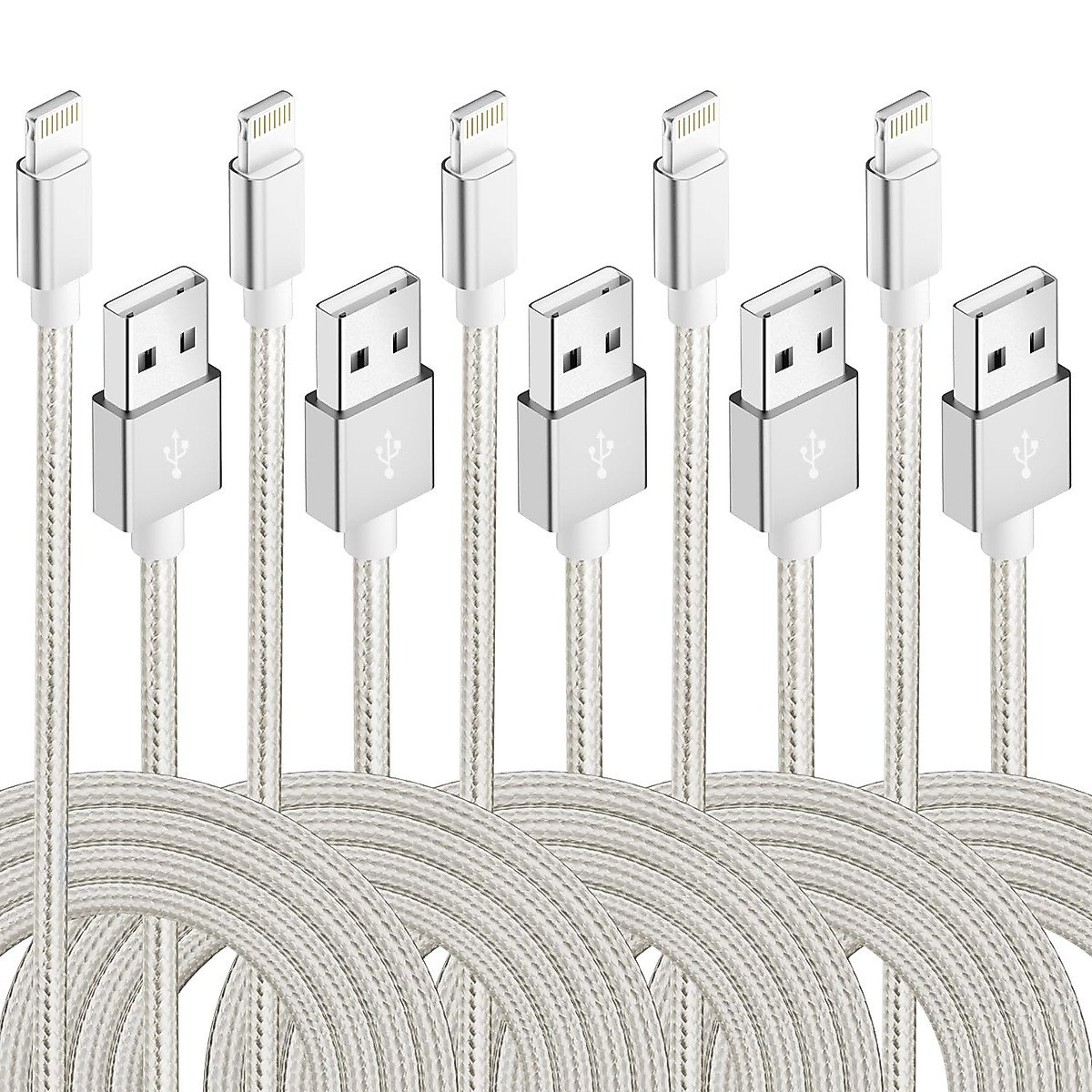 IDISON [MFi Certified iPhone Charger, 5Pack(3/3/6/6/10FT) iPhone Charging Cable Nylon Braided Fast Charging Cord Compatible for iPhones/Pads-Silver