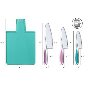TOVLA JR. Kids Kitchen Knife and Foldable Cutting Board Set: Children's Cooking Knives in 3 Sizes & Colors/Firm Grip, Serrated Edges, BPA-Free Kids' Knives/Safe Lettuce and Salad Knives… (Blue)