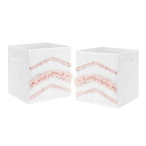 Sweet Jojo Designs Boho Bohemian Foldable Fabric Storage Cube Bins Boxes Organizer Toys Kids Baby Children - Set of 2 - Blush Pink White Farmhouse Shabby Chic Designer Modern Minimalist Tufted