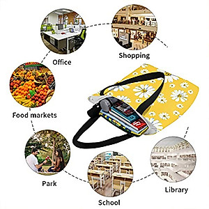 Moslion White Daisy Canvas Bags Camomile Flower in Yellow Garden Botanical Plant Floral Tote Bags Laptop Bags Large Bulk Reusable for Women Men Work Study 15x16 Inch