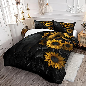 CCoutueChen Black Floral Comforter Yellow Sunflower Painting Comforter Set Full Size Botanical Flowers Bedding for Women Girls Kids Teens Lightweight Summer Bed Set