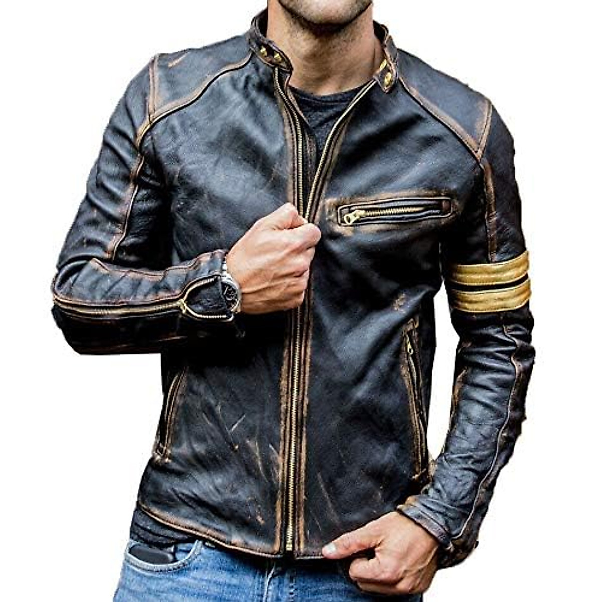 Mens Vintage Cafe Racer Motorcycle Distressed Biker Real Leather Jacket (as1, alpha, m, regular, regular, PD3, Medium)