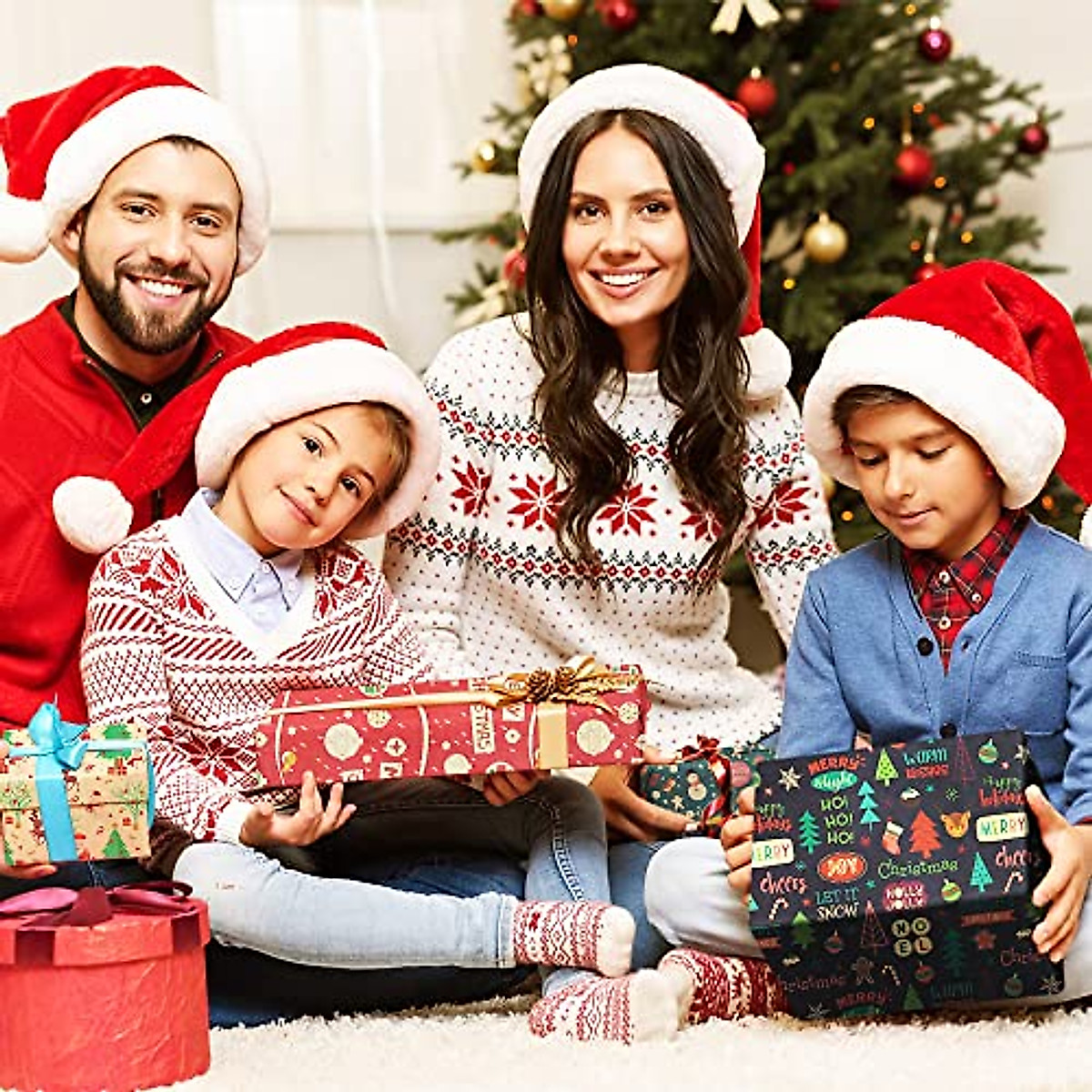 Christmas Wrapping Paper, Gift Wrapping Papers, 20 x 28 inches per sheet, Santa Snowmen Deer Bell Tree Kraft Wrapping Paper for Family Friends Kids lovers on Christmas or Birthday(4 Designs 12 sheets)