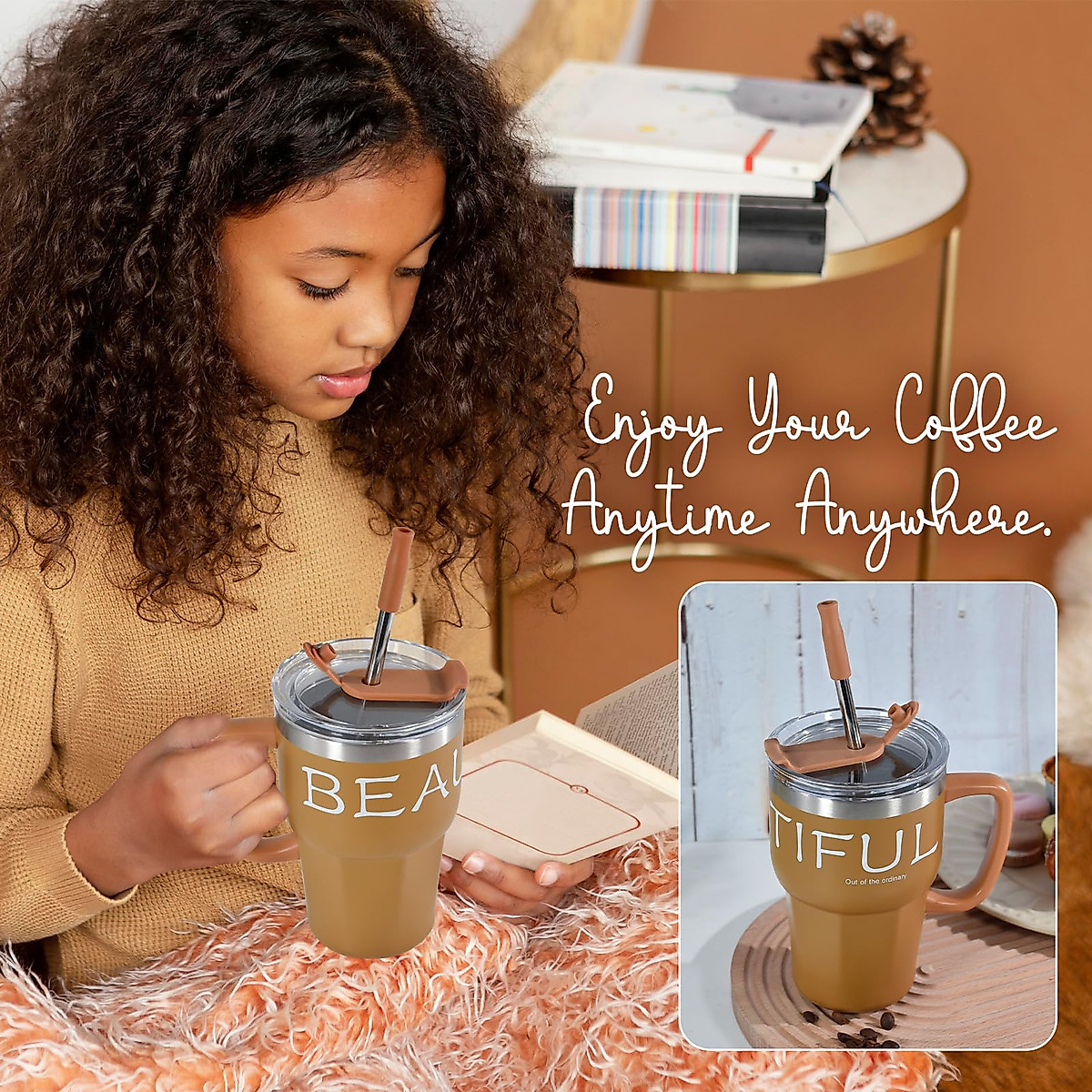 21 oz Insulated Coffee Mug Tumbler with Handle, Stainless Steel Travel Mug Tumbler with Lid and Straw, Coffee Travel Mug Spill Proof with Lid for Keep Hot/Ice Coffee, Brown