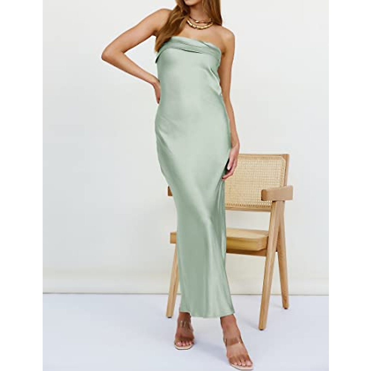 ZESICA Women's 2023 Summer Satin Strapless Dress Sexy Backless Bodycon Wedding Cocktail Party Maxi Dresses,Sage,Large