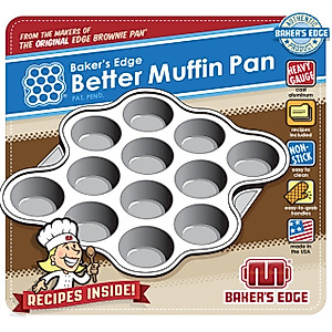 Baker's Edge Muffin Pan, Premium Doble Coated Nonstick Cupcake Pan 100% Made in the USA | Easier to Clean, Cast Aluminum Construction (No Warping) Ideal Tin for Mini Cakes Small Bites & More - 12 Cups