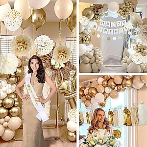 Upgraded Gold White Birthday Party Decorations for Girls Women Men with Happy Birthday Sash,Banner,Tissue Pompoms,Circle Dots Garland,Paper Tassels Garland, cake topper for Her Birthday Decor