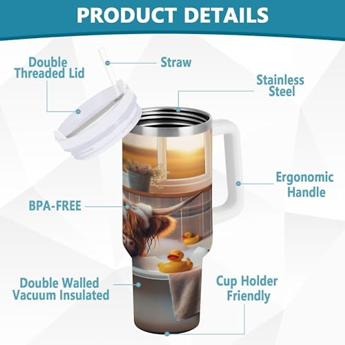 RPLIFE Highland Cow in Bathtub 40oz Tumbler with Handle, Stainless Steel Water Bottle with Straw, Travel Coffee Tumbler