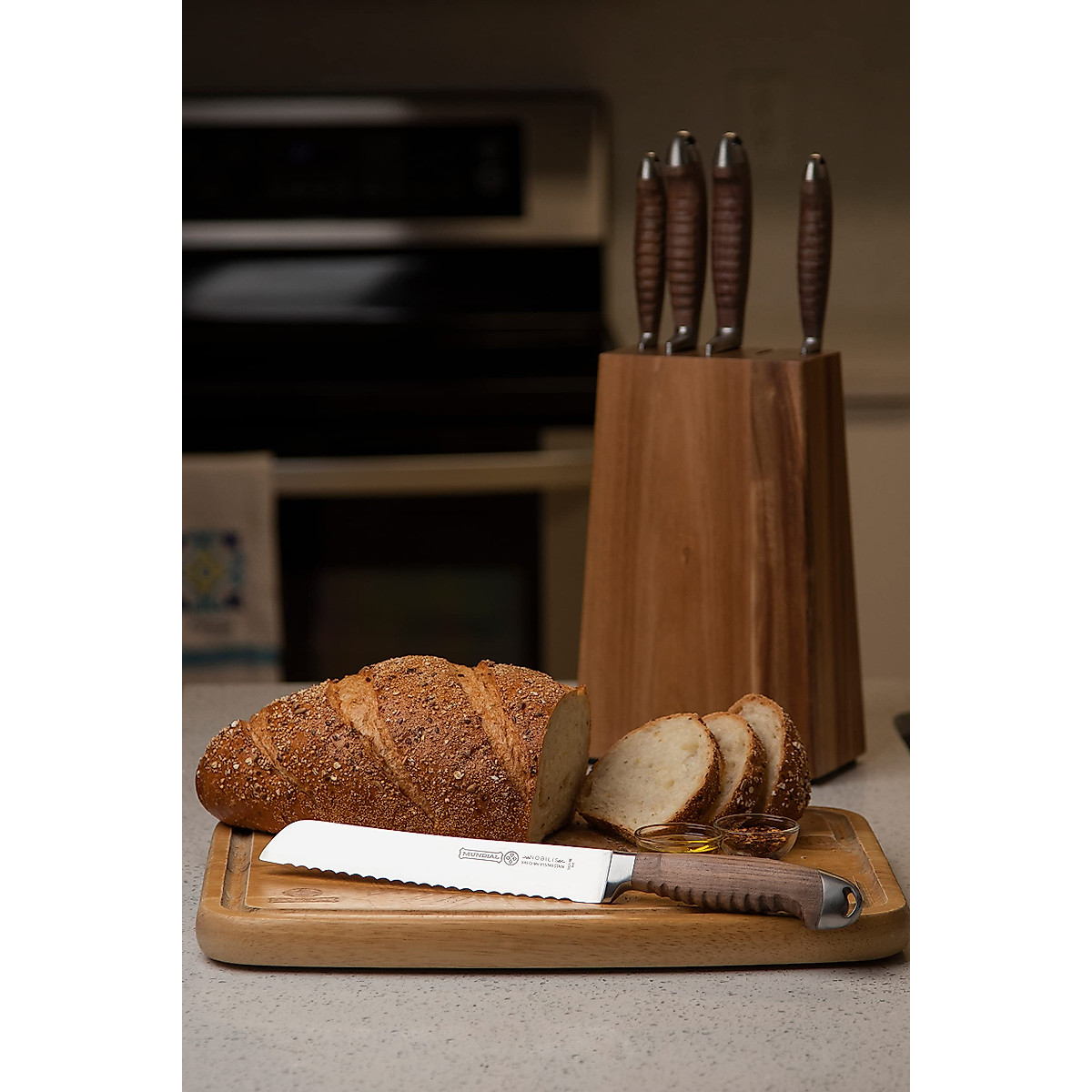 Mundial Nobilis Series 6-Piece Knife Block Set, Including 5 Knives with Wood Handle and Stainless Steel Blades and 1 Wood Block with Tablet Support