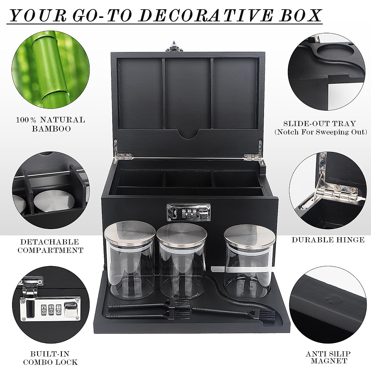 lotmusic Large Storage Box with Removable Slide-Out Tray,Bamboo Decorative Box with 3-Pack Glass Jars Cleaning Brushes,Home Decoration Black Storage Box with Combination Lock for Gifts