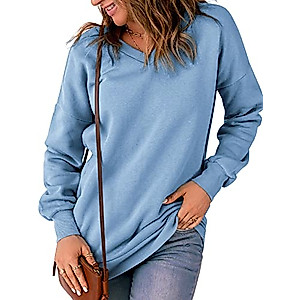 DJT Fashion Womens Fleece Sweatshirt for Women Casual Shirts V Neck Long Sleeve Tops Pullover with Pockets X-Large Air Blue