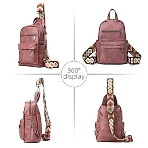 ALUSBELL Vintage Sling Bag Sling Backpack for Men Women, Vegan Leather Crossbody Bag Fanny Packs, Fashion Chest Bag Daypack with 2 Adjustable Straps,Pink