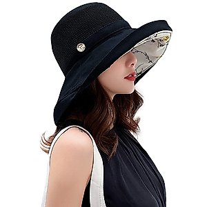 Women Mesh Sun Hats Summer Beach UV Protection UPF Packable Wide Brim Chin Strap (Black)