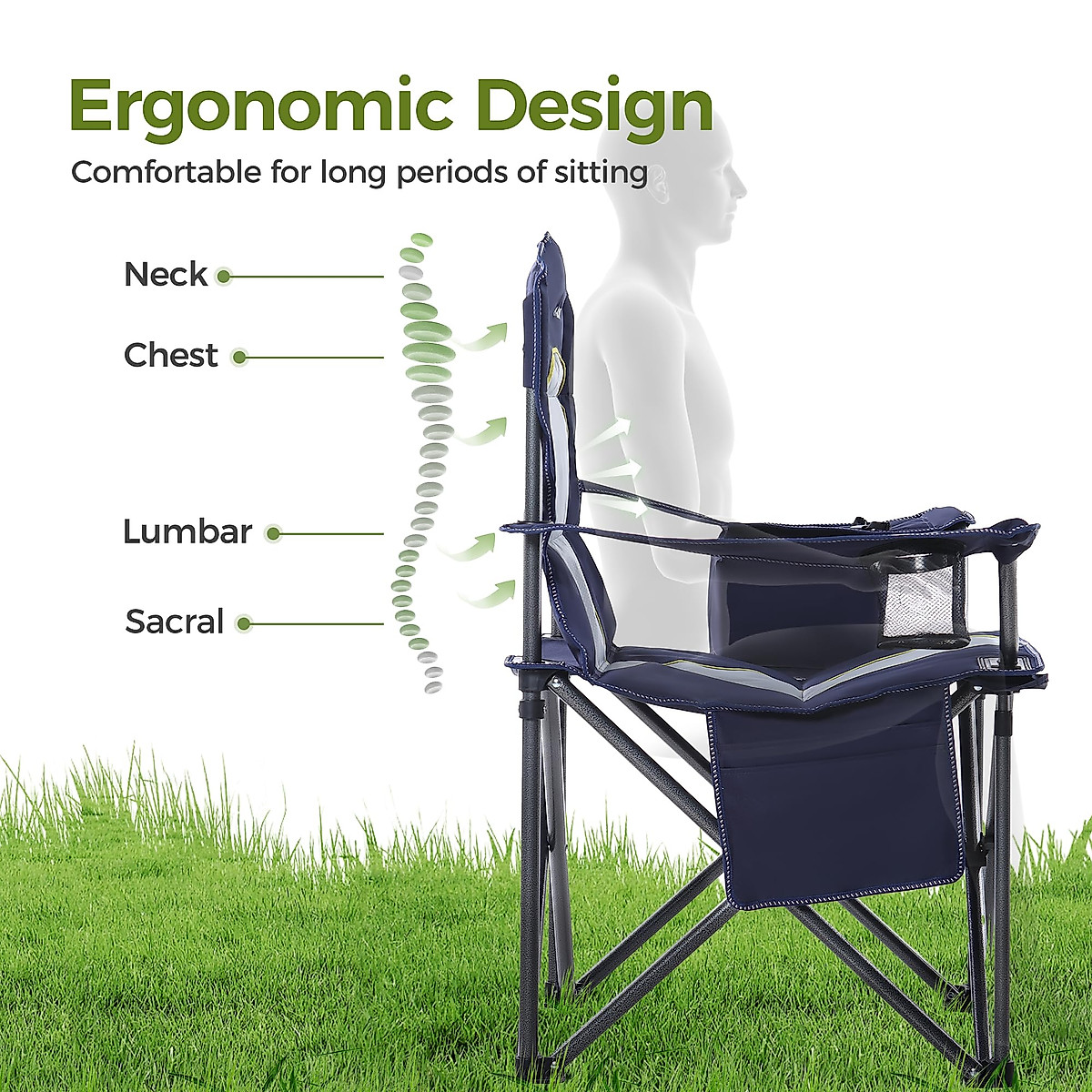 ALPHA CAMP Oversized Camping Folding Chair Heavy Duty Lawn Chair with Cooler Bag Support 450 LBS Steel Frame Collapsible Padded Arm Chair Quad Lumbar Back Chair Portable for Outdoor,Blue