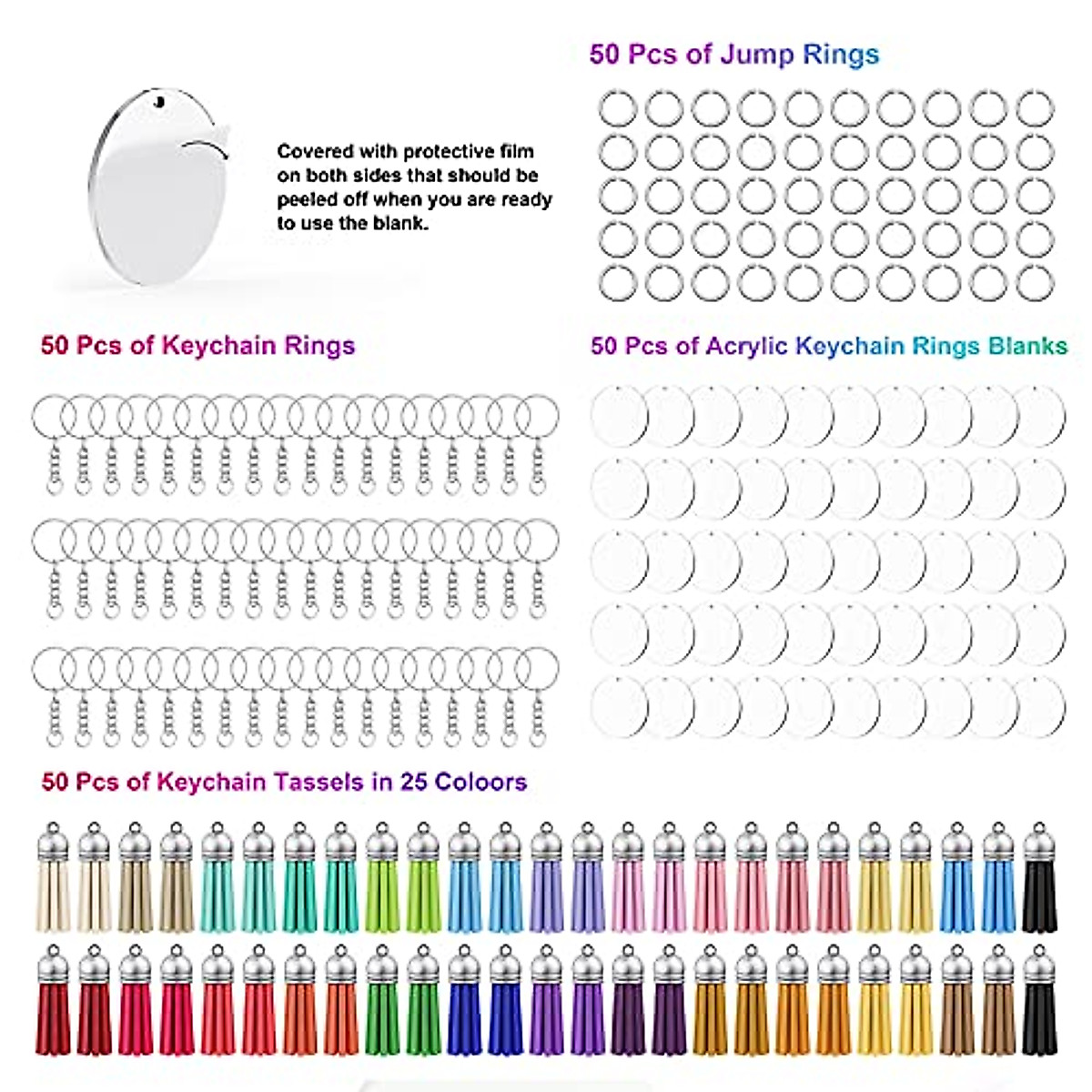 JIARON Acrylic Blank Keychains, 200Pcs Acrylic Blank Keychain kits with 50 Pcs Acrylic Keychain Blanks, 50 Pcs Keychain Tassels 50 Pcs Key Rings with Chain and 50 Pcs Jump Rings for DIY Keychain