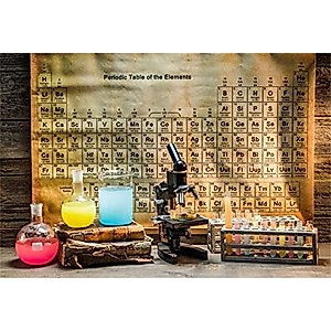 Leyiyi 7x5ft Vintage Chemistry Lab Backdrop Rustic Wooden Cottage Rural Studio Chemist Microscope Retro Periodic Elements Table Photo Background Cowboy Kids Birthday Portrait Studio Prop Vinyl Banner