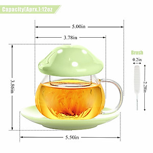 WHJY Mushroom Tea Cup with Infuser and Lid, Cute Mushroom Mug, Kawaii Glass Tea Cup with Ceramic Lid and Coasters, Glass Tea Cups with Strainer, 11 oz/340 ml - Green