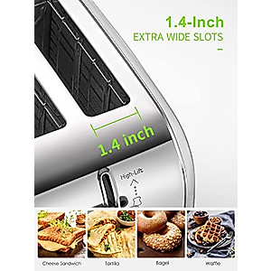Toaster 4 Slice, Extra Wide Slots, Stainless Steel with High Lift Lever, Bagel and Muffin Function, Removal Crumb Tray, 7-Shade Settings with Warming Rack, Silver, Yabano