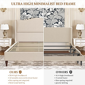 koorlian Queen Size Bed Frame Upholstered Platform Bed with 51" Tall Headboard Wingback, Soft Fabric, Retro Simple Style Platform Bed No Box Spring Needed, Easy Assembly, Beige