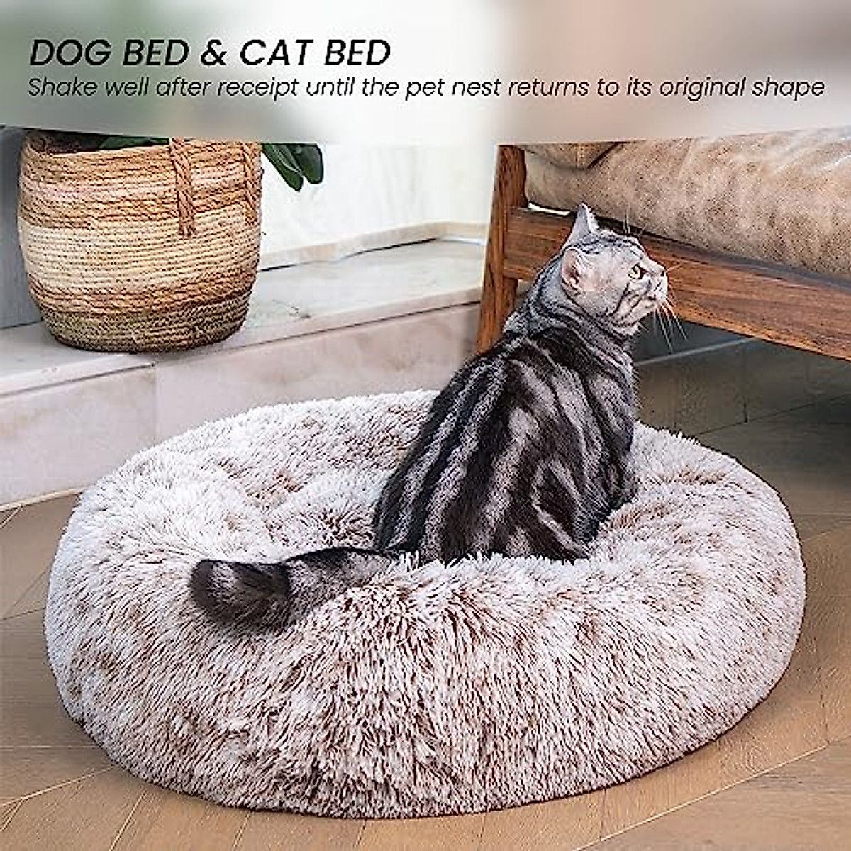 Calming Dog Bed, Donut Anti Anxiety Cat Bed, Round Fluffy Plush Faux Fur Pet Bed, 27 Inch Dog & Cat Cuddler Bed, Anti Slip Waterproof Mute Base, Khaki Gradient