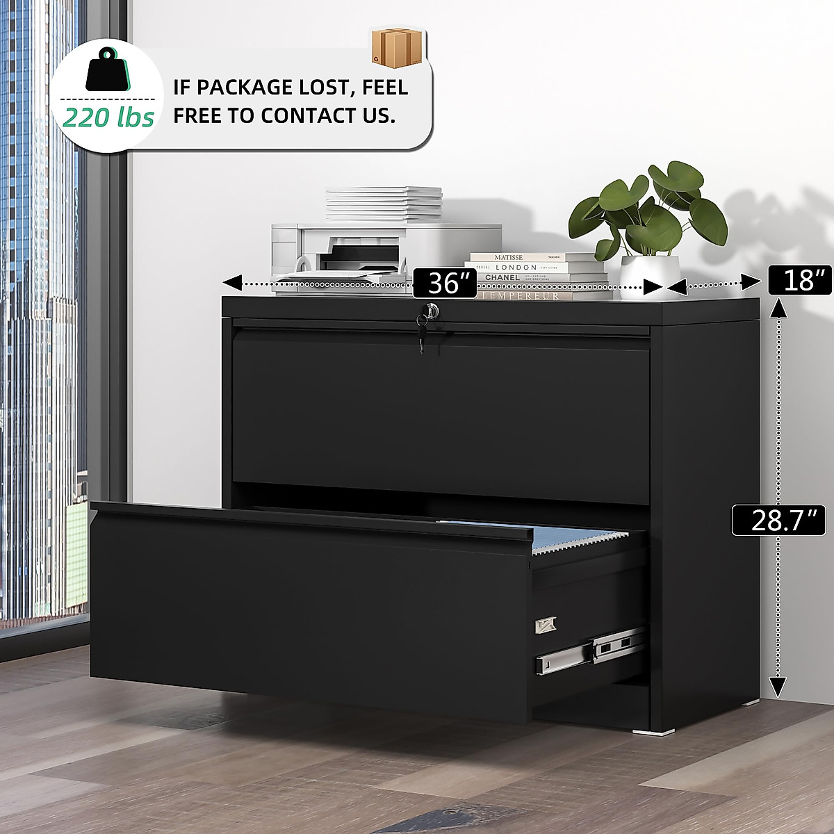 Bonusall Lateral File Cabinet 2 Drawer, Metal Lateral Filing Cabinet with Lock, Locking Horizontal Drawers File Cabinets for Legal/Letter / A4 / F4 Size for Home Office, Steel, Heavy Duty, Black