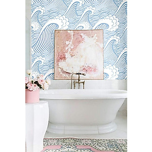 Blooming Wall CPS030 Peel&Stick Handpainting Seamless Blue White Waves Sea Sprays Self-Adhesive Prepasted Wallpaper Wall Mural (17.7“x118”)
